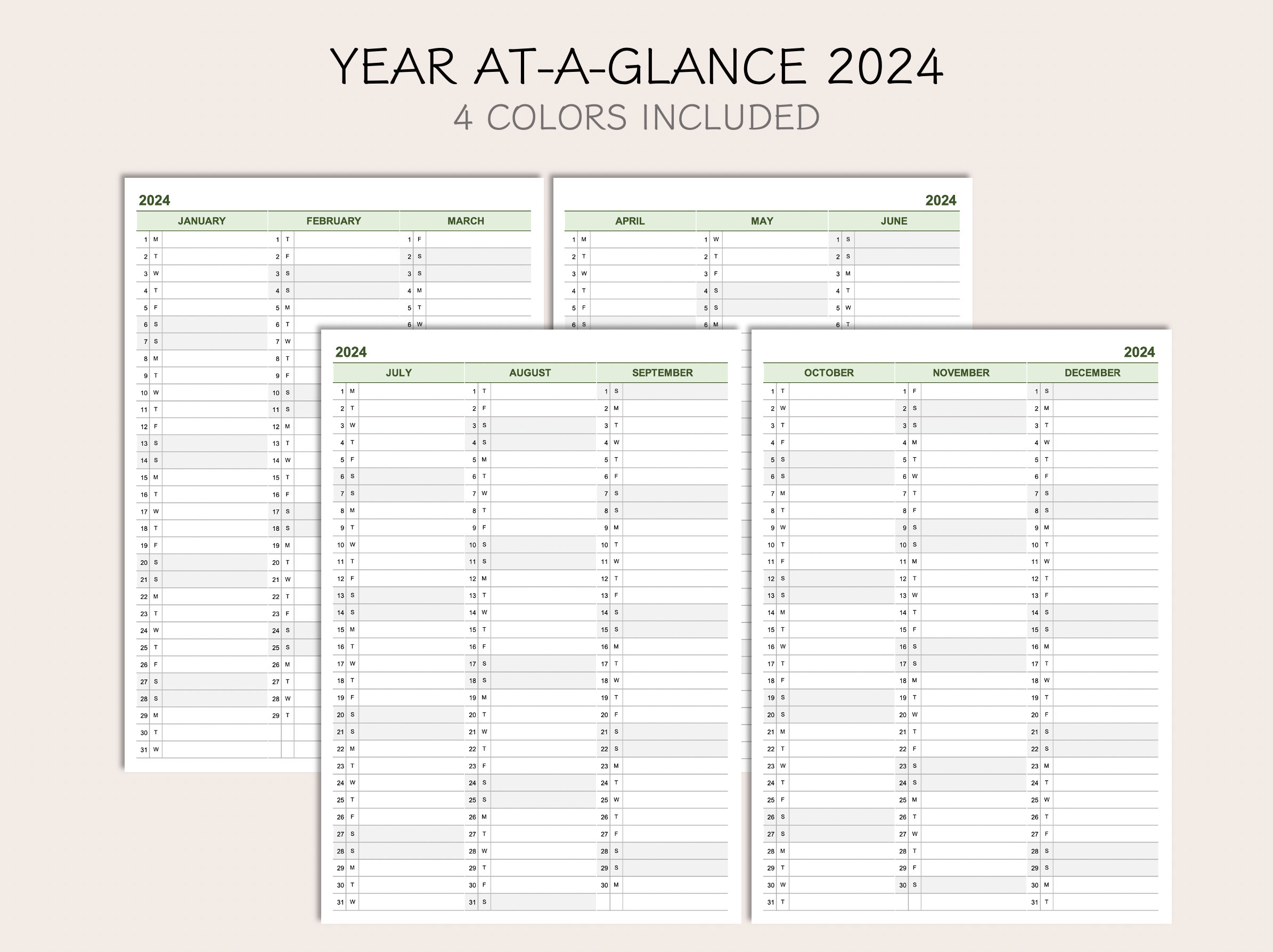 Printable Yearly Planner Calendar 2024, Yearly Overview 2024, Year At-a ...