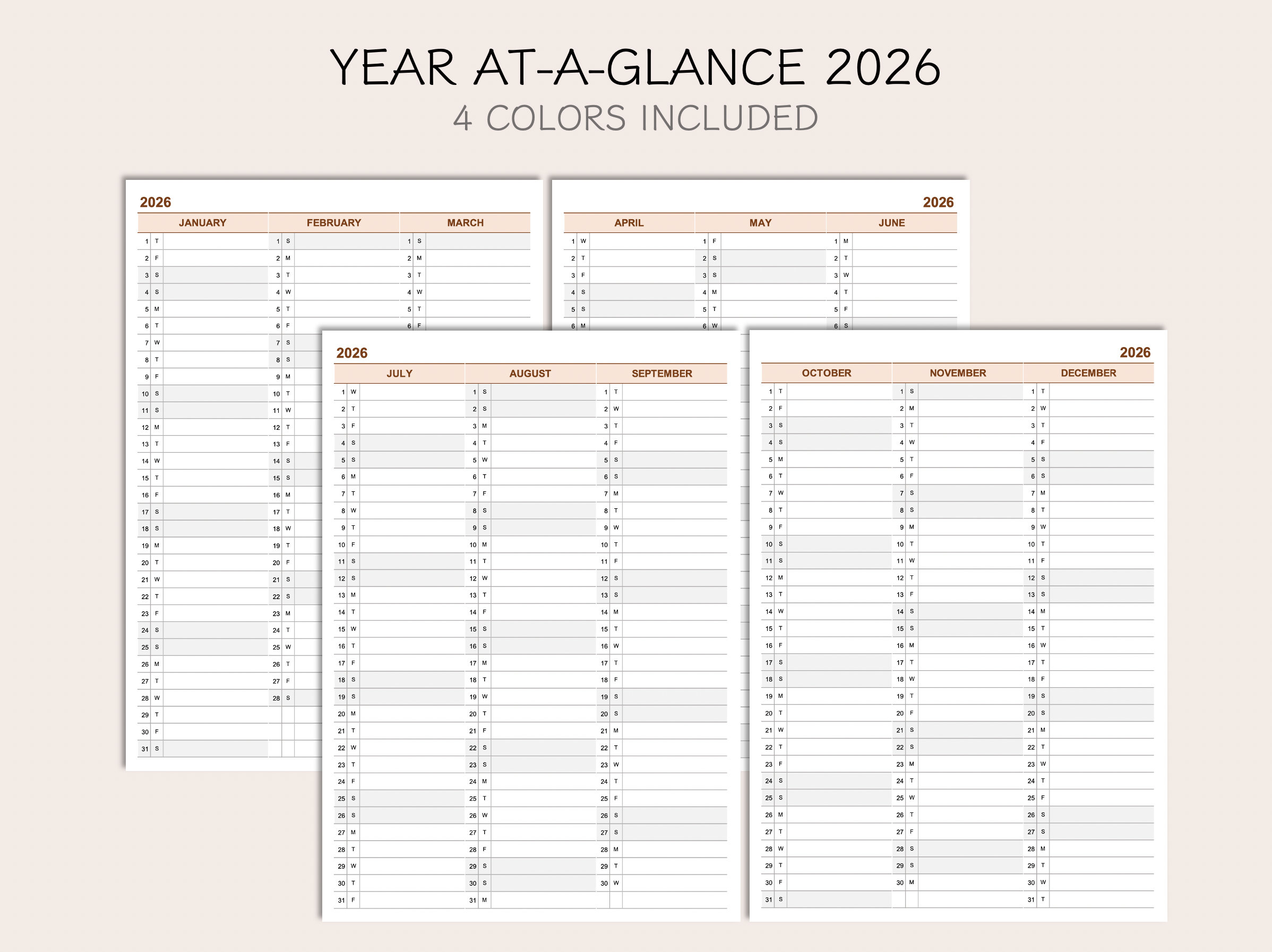 Printable Yearly Planner Calendar 2026, Yearly Overview 2026, Year At-a ...