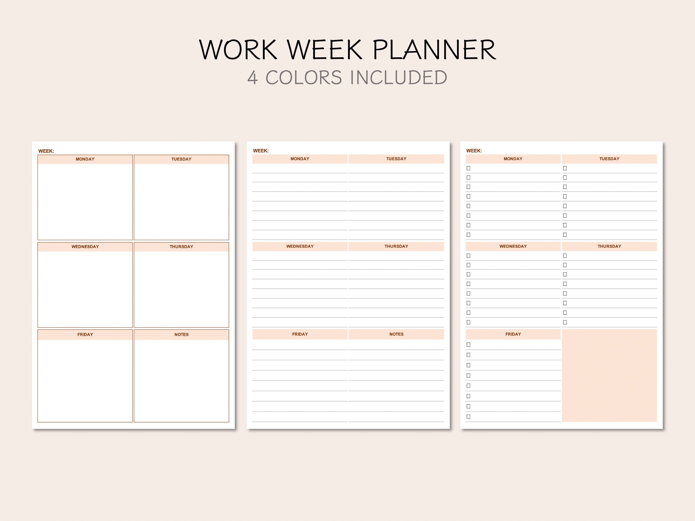 Work Week Planner Printable: Vertical Layout, Undated, 3 Designs, 4 ...