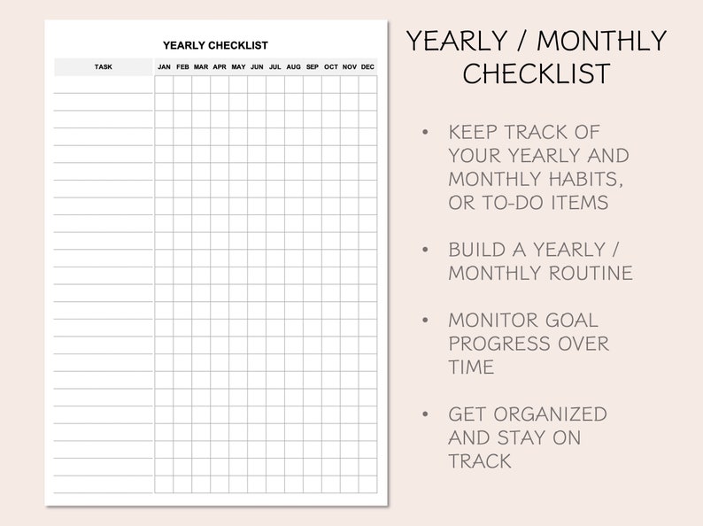Printable Yearly Checklist Monthly Checklist to Do List - Etsy