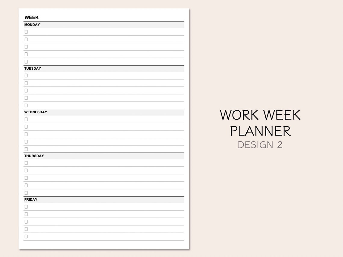 Work Week Planner, Printable Weekly Planner, Monday to Friday Planner ...
