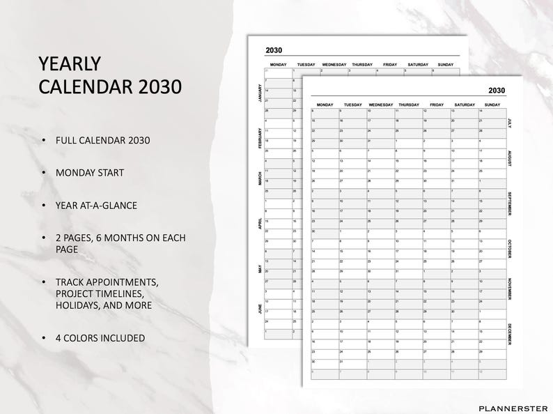 2030 Printable Calendar in 4 Colors | Yearly Planner, Monday Start (PDF ...