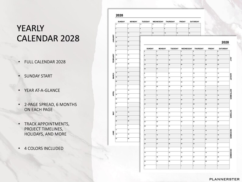 2028 Printable Calendar in 4 Colors | Year At-a-glance, Sunday Start ...