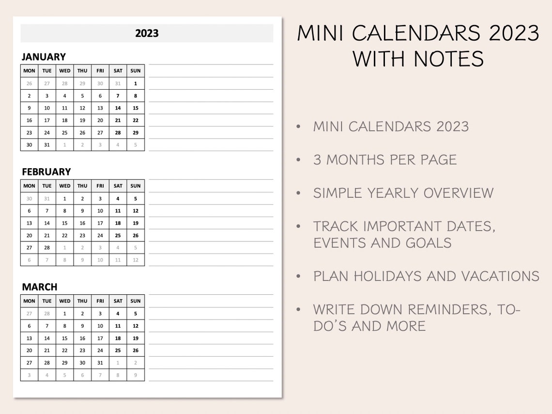 Printable Mini Monthly Calendars 2023, Yearly Overview With Notes, Year ...