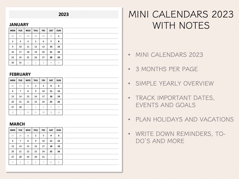 Printable Mini Monthly Calendars 2023, Yearly Overview With Notes, Year ...
