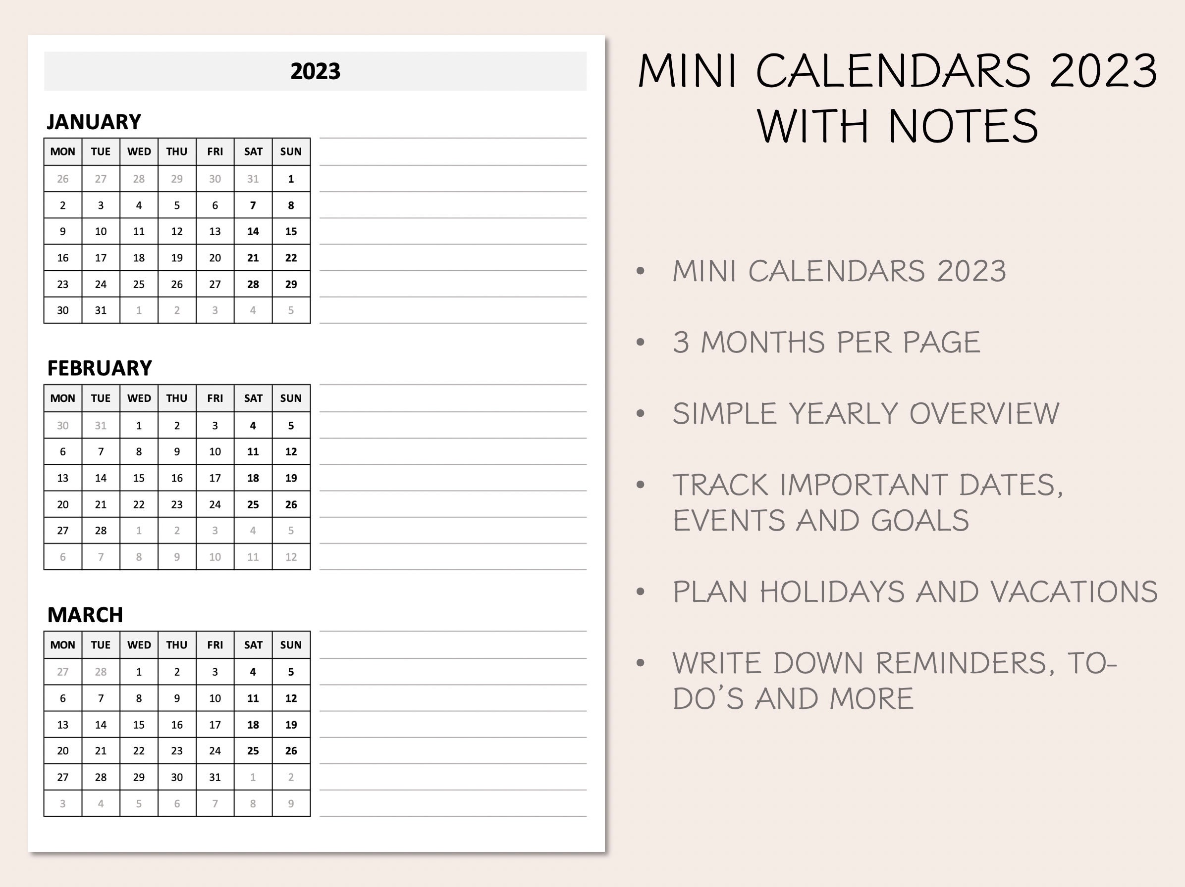 Printable Mini Monthly Calendars 2023, Yearly Overview With Notes, Year ...