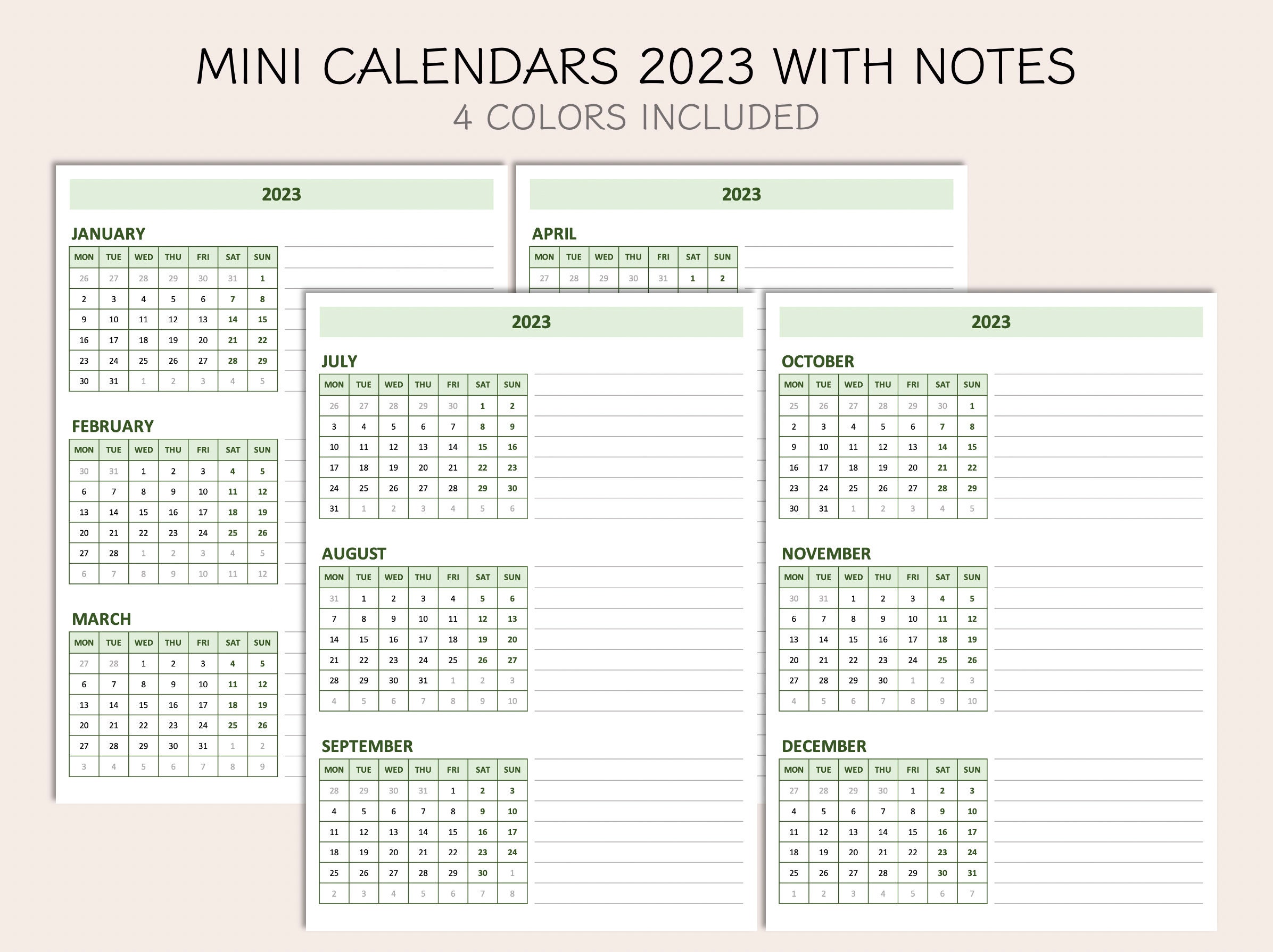 Printable Mini Monthly Calendars 2023, Yearly Overview With Notes, Year ...