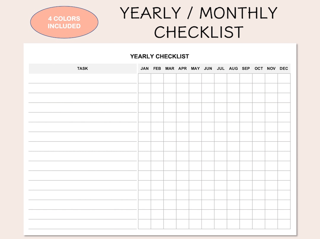 Printable Yearly Checklist, Monthly Checklist, to Do List, Yearly ...