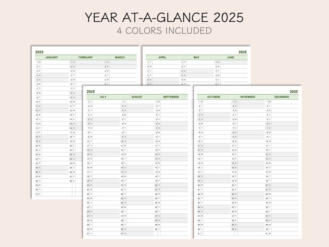 2025 Yearly Planner Calendar, At-a-glance Overview, 4 Colors (PDF) - Etsy