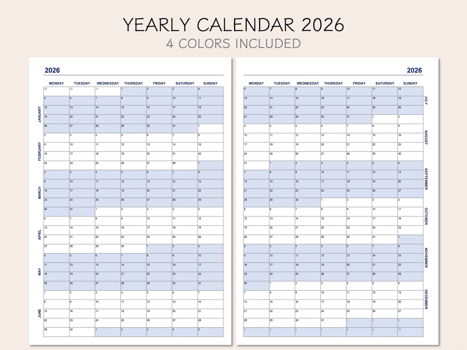 Yearly Calendar 2026, Printable Calendar 2026, Year at A Glance 2026 ...