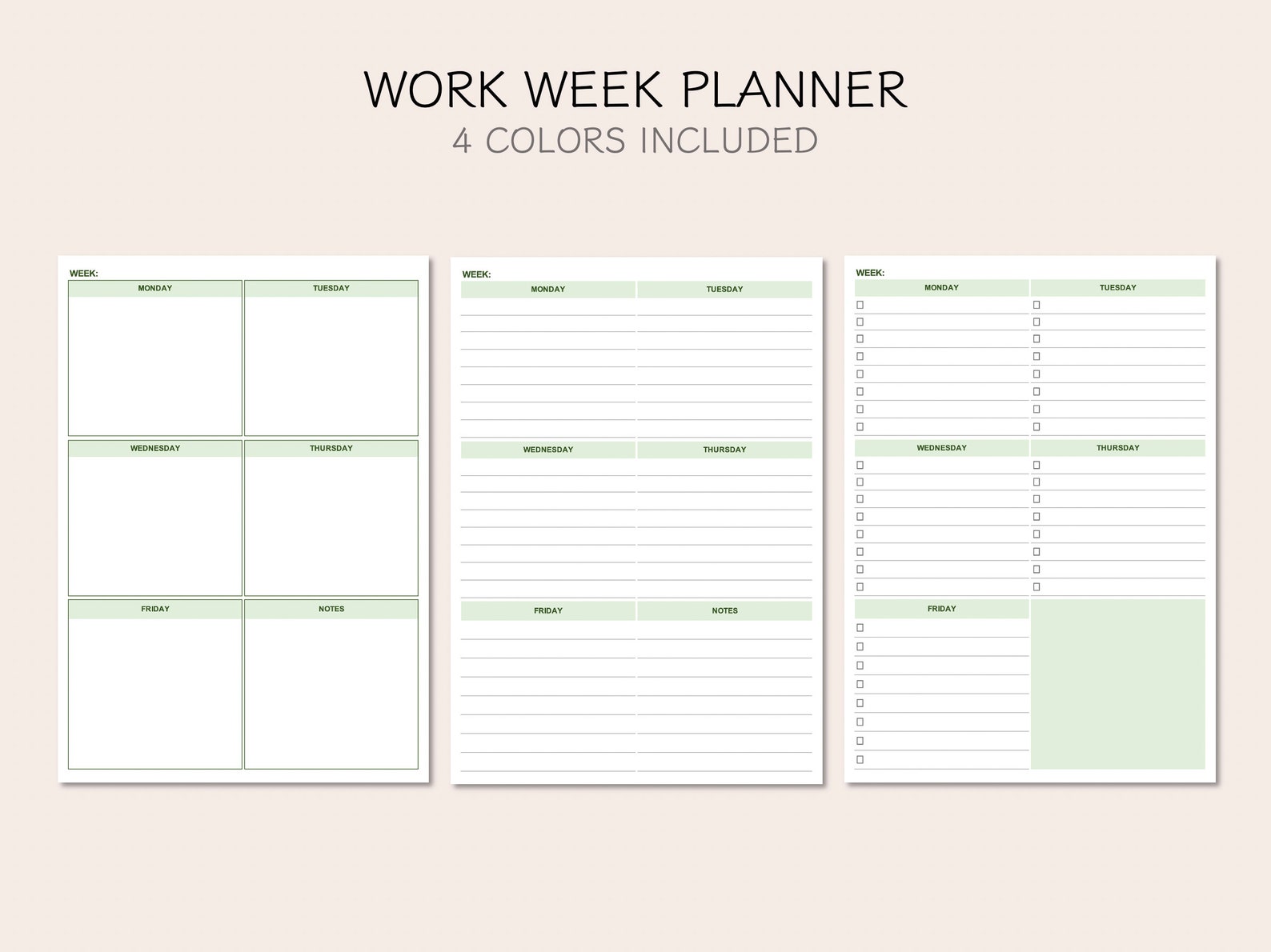 Work Week Planner, Printable Weekly Planner, Monday to Friday Planner ...