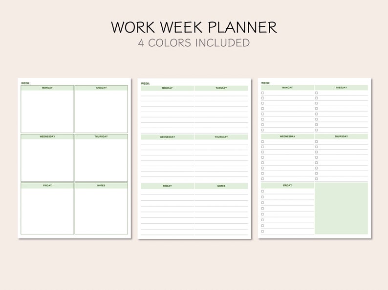 Work Week Planner, Printable Weekly Planner, Monday to Friday Planner ...
