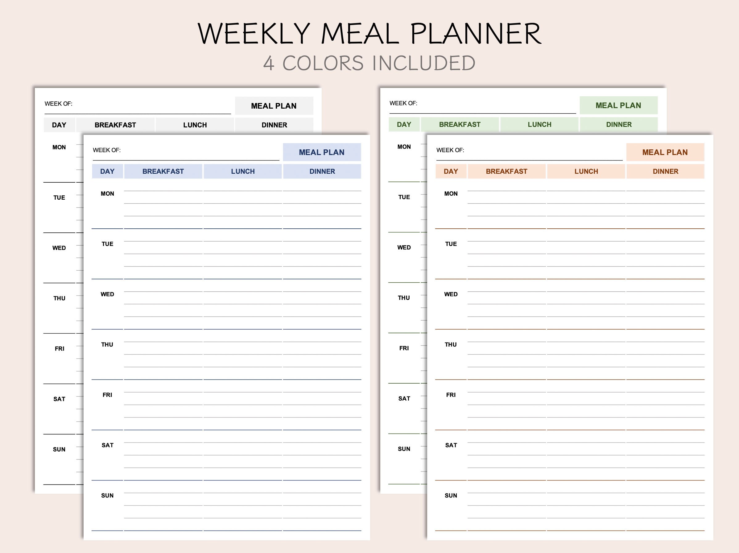 Printable Weekly Meal Planner Simple Weekly Meal Menu Food - Etsy
