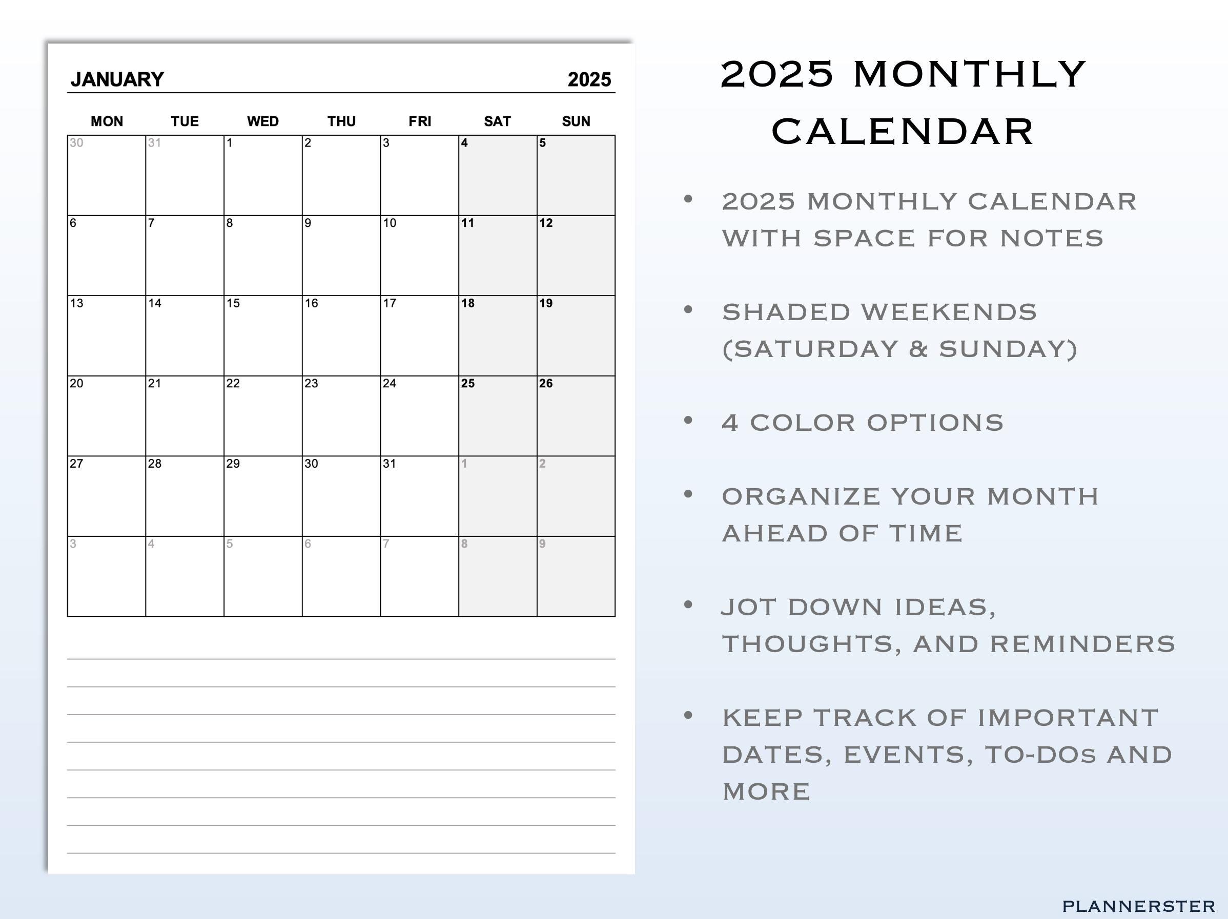 Printable Monthly Calendar 2025 - Calendar Layout With Space for Notes ...