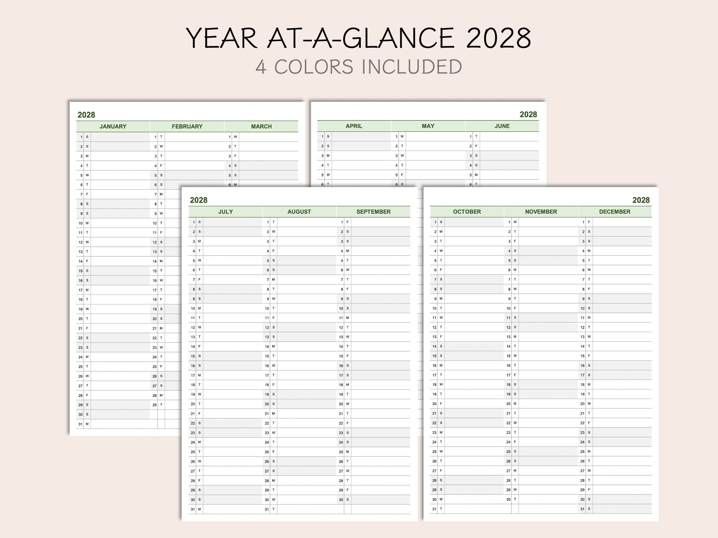 Printable Yearly Planner Calendar 2028, Yearly Overview 2028, Year At-a ...