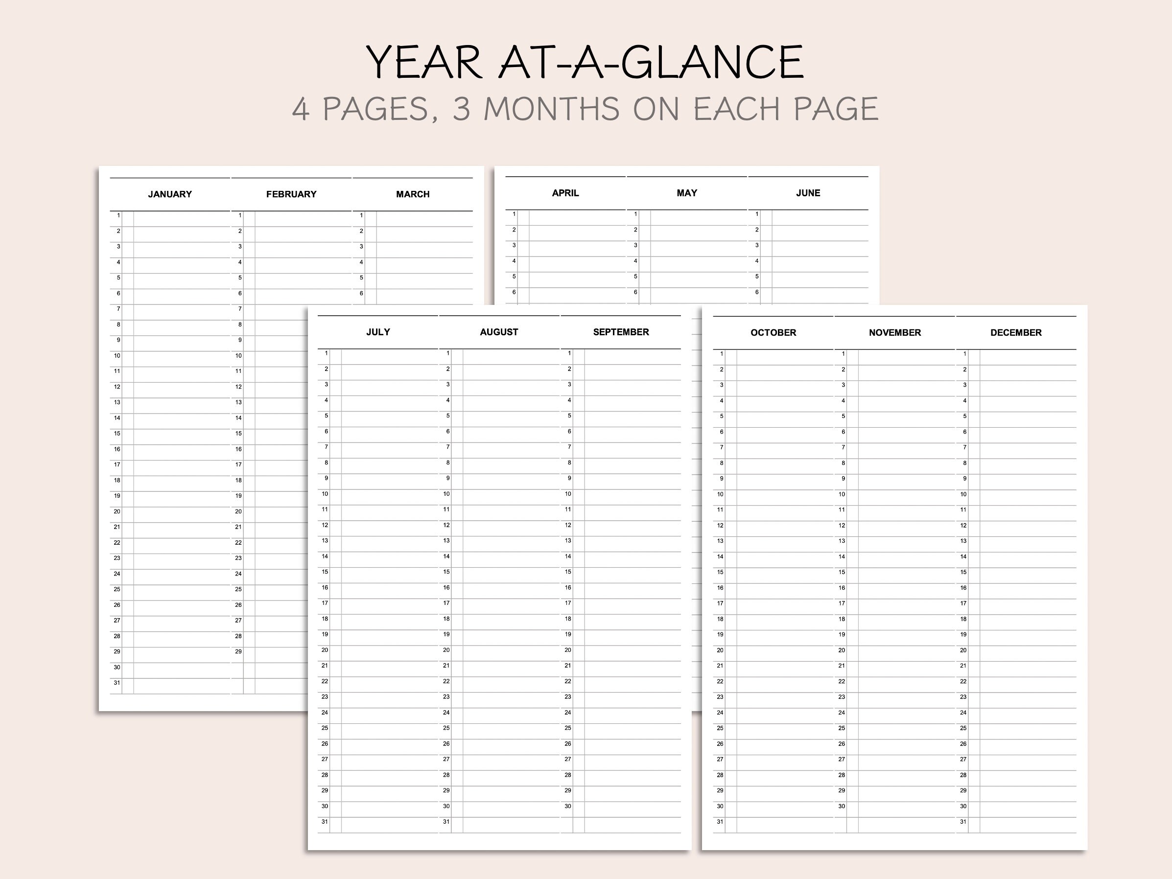 Printable Yearly Overview, Undated Event Planner, Year at A Glance, 4 ...