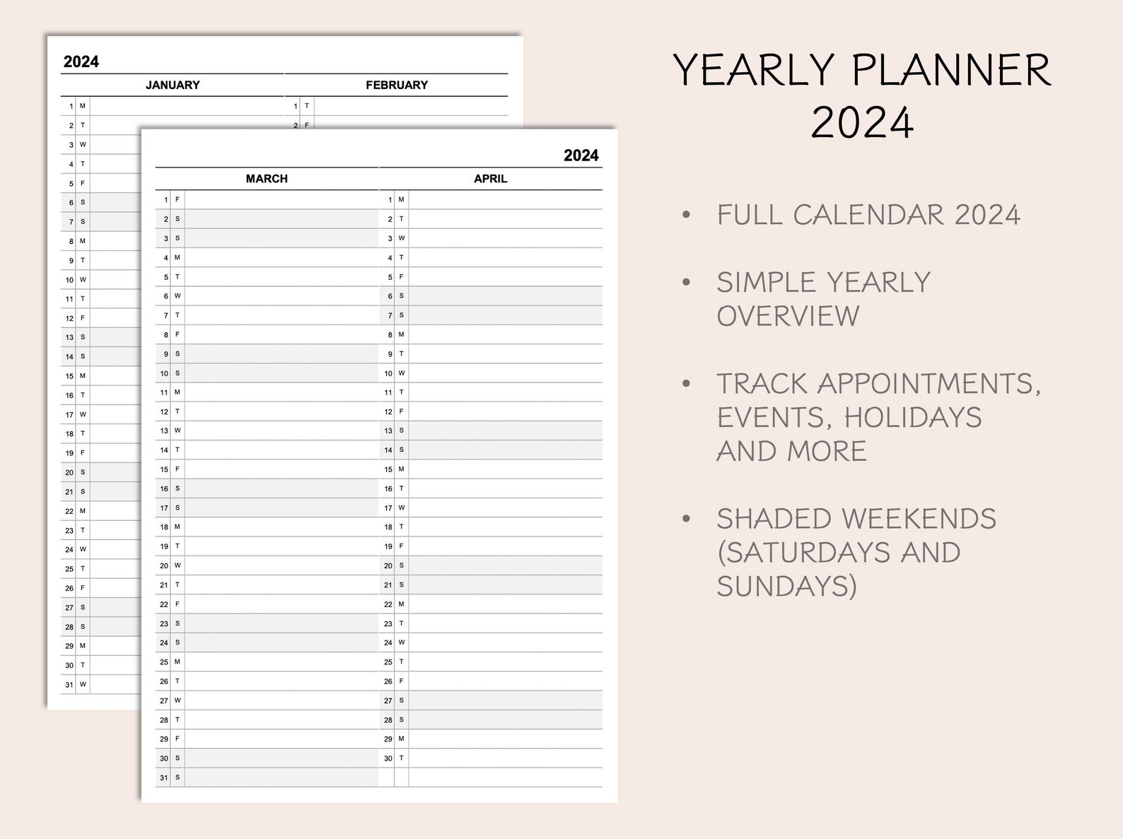 Printable Yearly Planner 2024, Calendar 2024, Yearly Overview 2024 ...