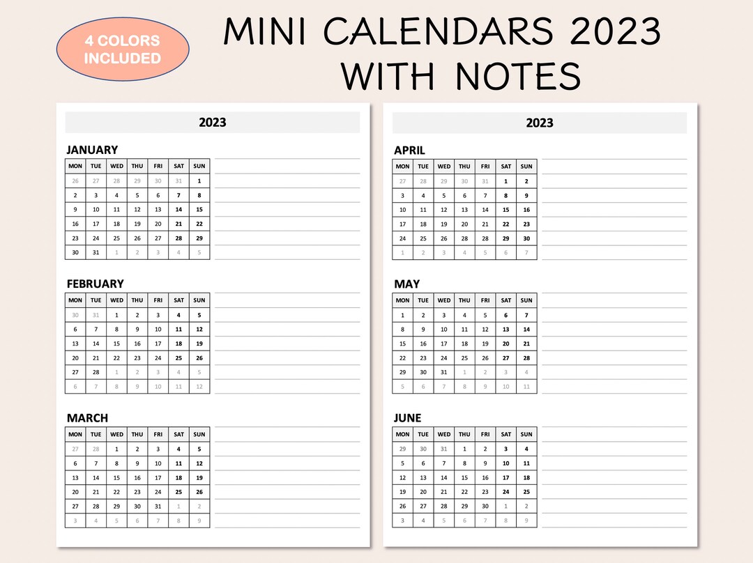 Printable Mini Monthly Calendars 2023, Yearly Overview With Notes, Year ...
