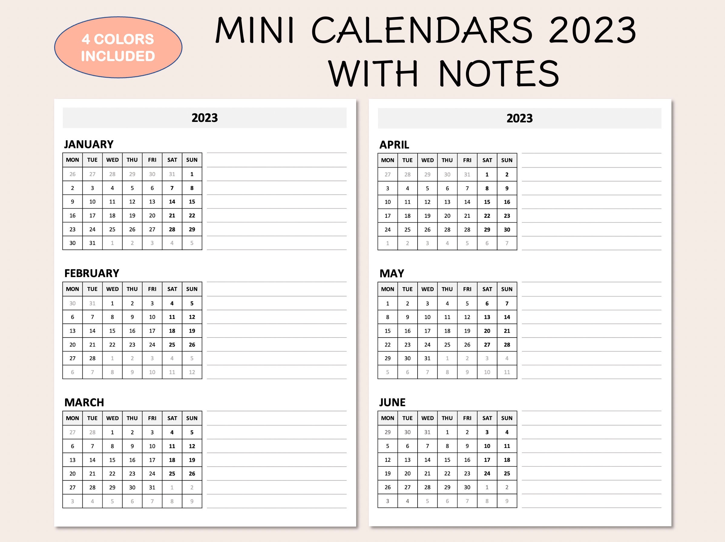 Printable Mini Monthly Calendars 2023, Yearly Overview With Notes, Year ...