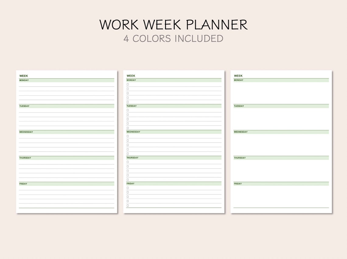 Work Week Planner, Printable Weekly Planner, Monday to Friday Planner ...