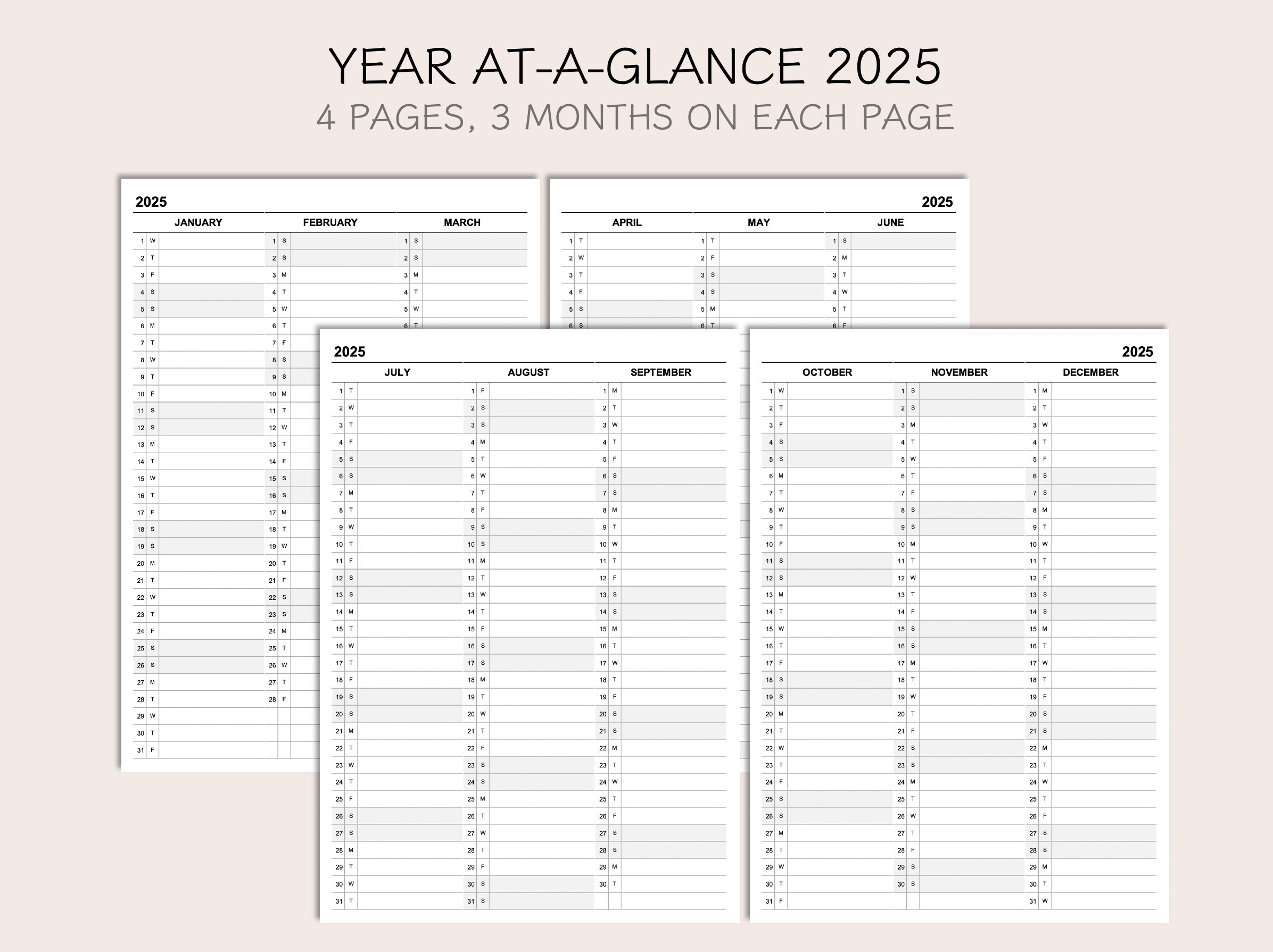 2025 Yearly Planner Calendar, At-a-glance Overview, 4 Colors (PDF) - Etsy