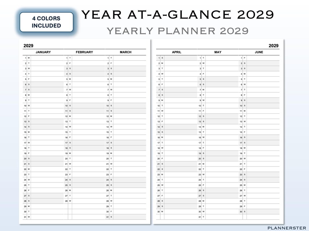 2029 Printable Yearly Planner | 2029 Printable Calendar | 4 Colors ...