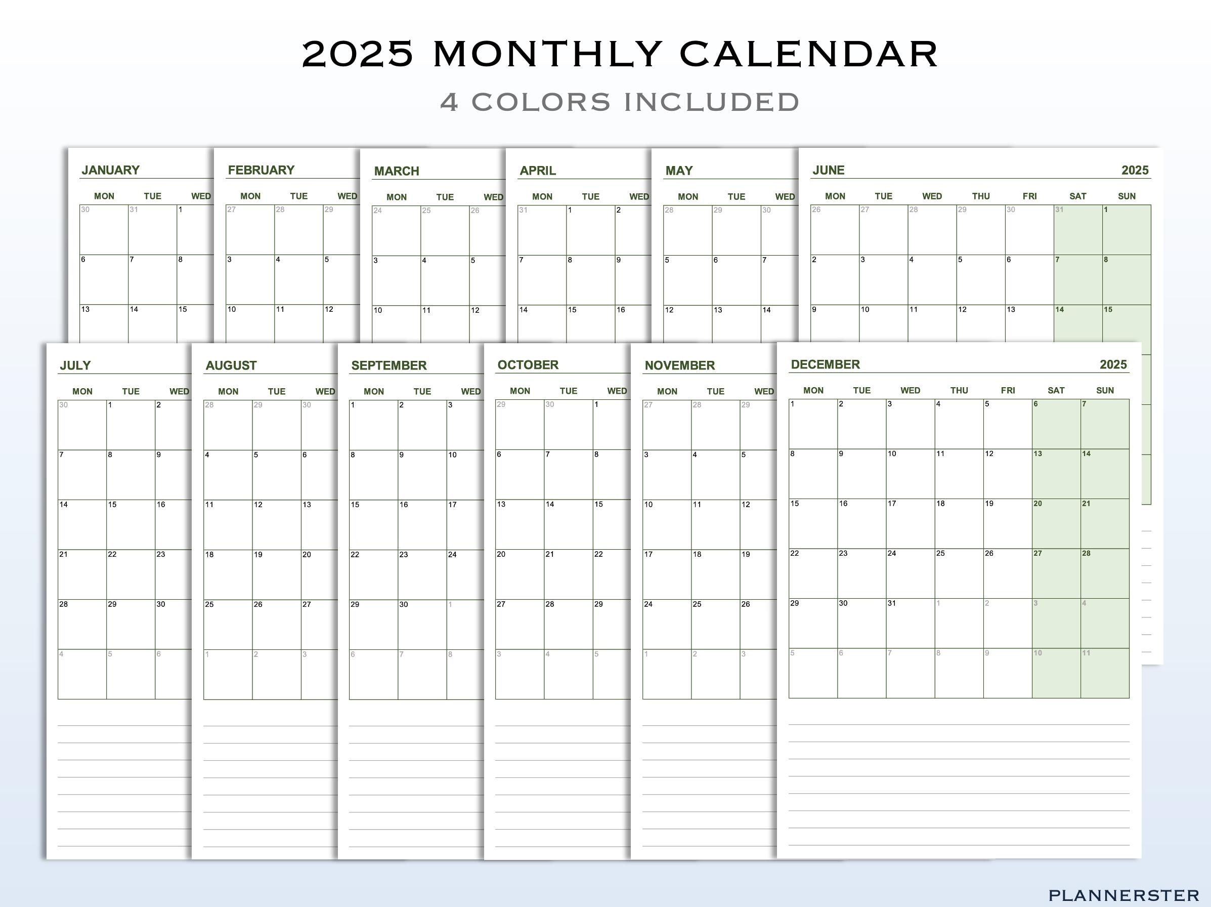 Printable Monthly Calendar 2025 - Calendar Layout With Space for Notes ...
