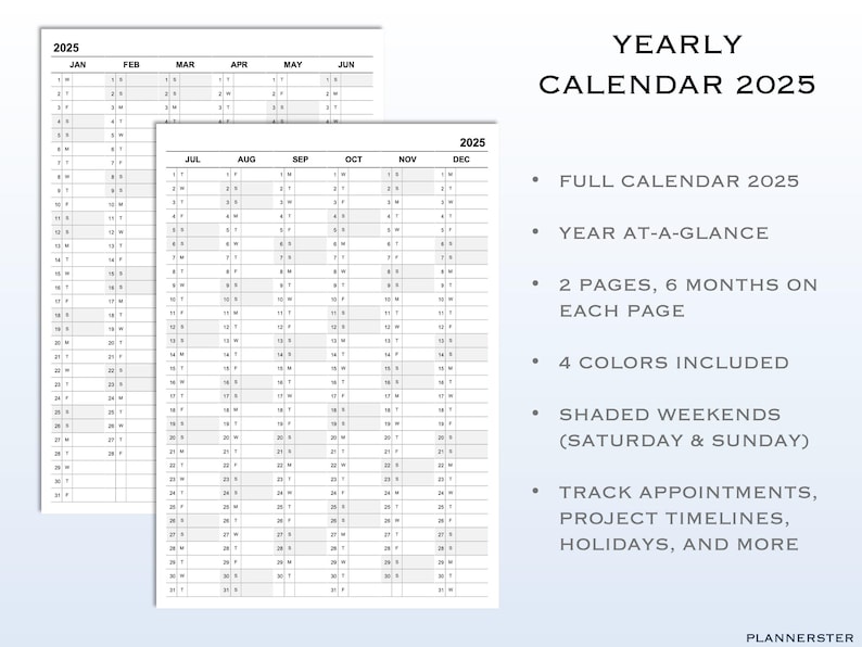 2025 Yearly Calendar - Printable 2025 Yearly Planner in 4 Colors | Year ...