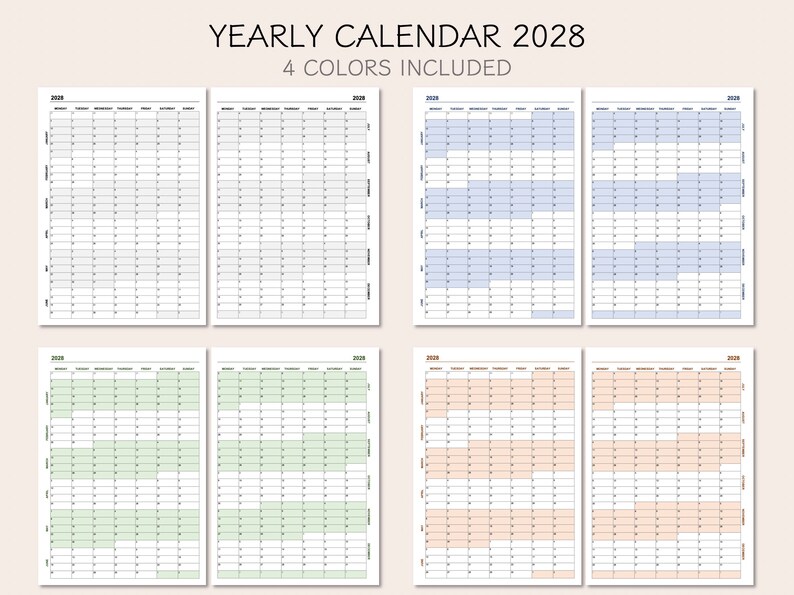 5-year Bundle: Yearly Calendars 2024-2025-2026-2027-2028, Printable ...