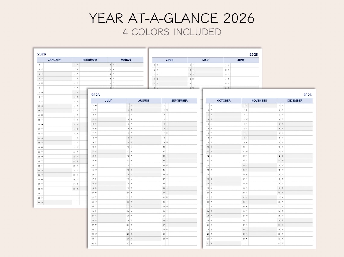 Printable Yearly Planner Calendar 2026, Yearly Overview 2026, Year At-a ...