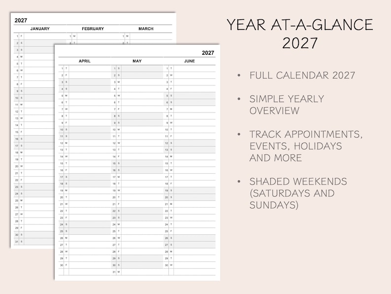 Printable Yearly Planner Calendar 2027, Yearly Overview 2027, Year At-a ...