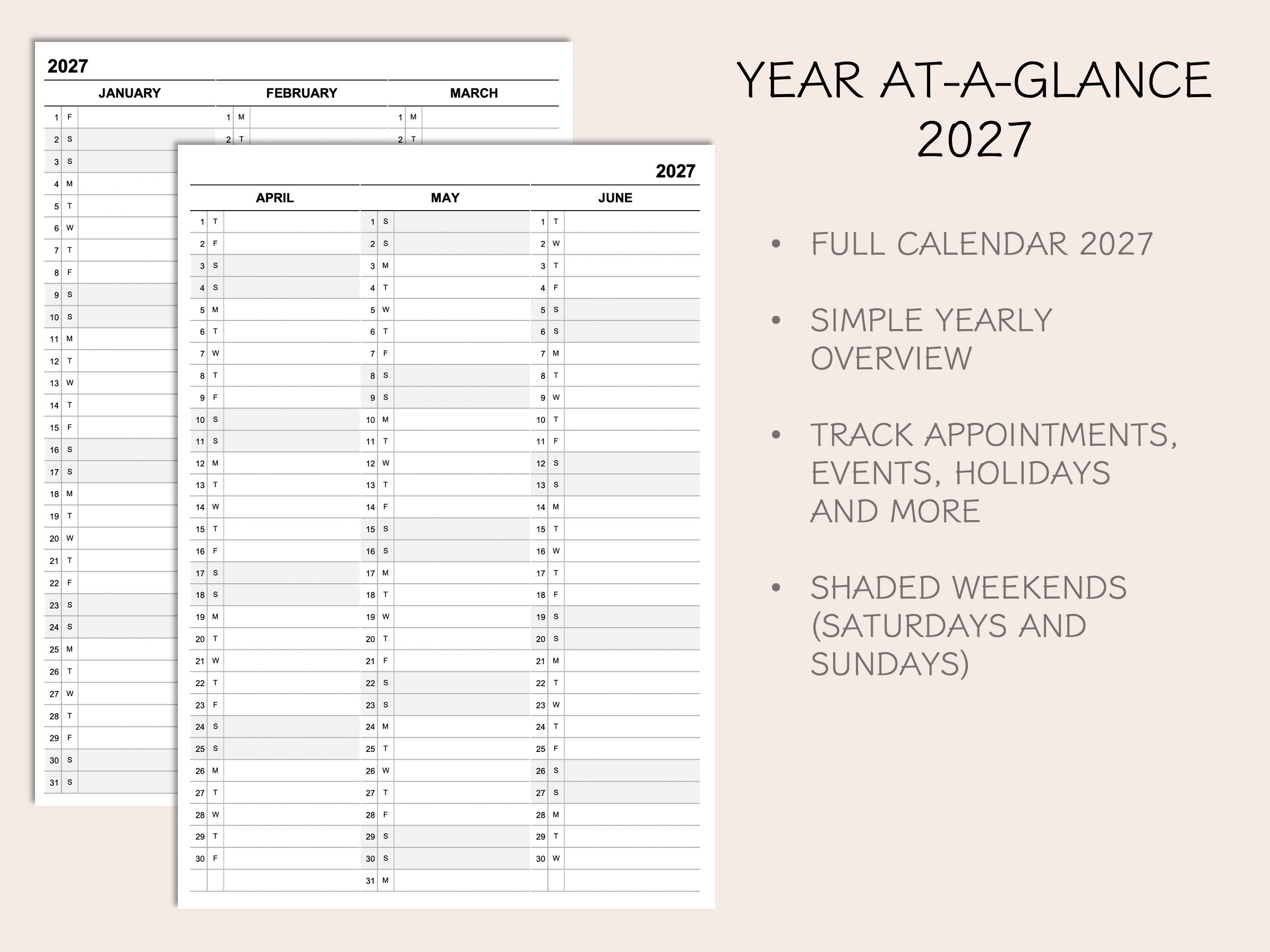 Printable Yearly Planner Calendar 2027, Yearly Overview 2027, Year At-a ...