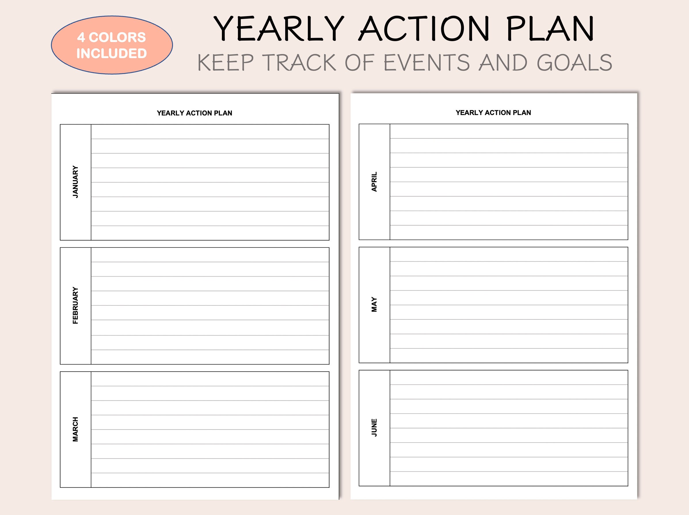 Yearly Action Plan, Yearly Overview, Printable Planner, Event Planner ...