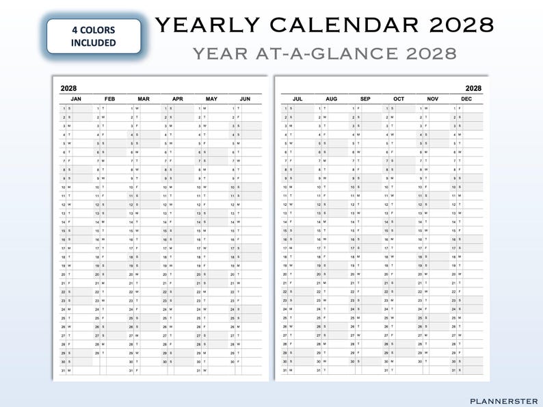 2028 Yearly Calendar - Printable Yearly Planner in 4 Colors | Year At-a ...