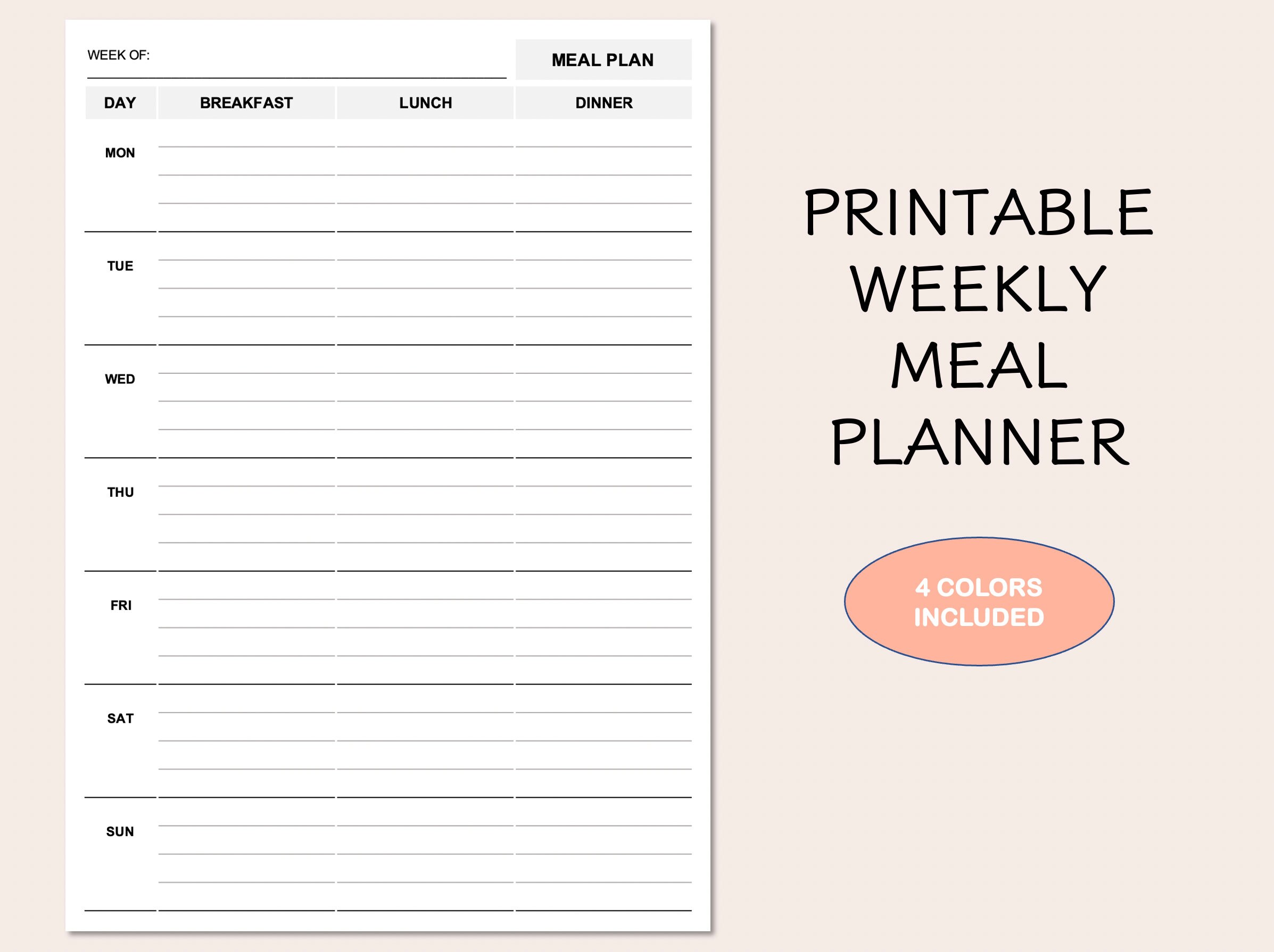 Printable Weekly Meal Planner Simple Weekly Meal Menu Food - Etsy