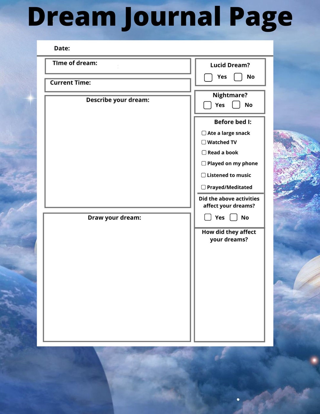 Printable Dream Journal Page Black and White - Etsy