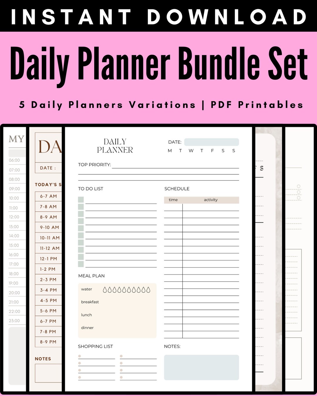 Daily Planner Printable Bundle Set, 24 Hour Planner, Daily Goal Planner ...