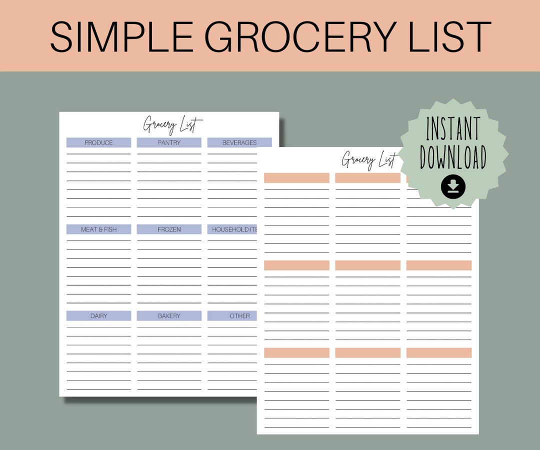 Simple Printable Grocery List, Print at Home Shopping List With or ...