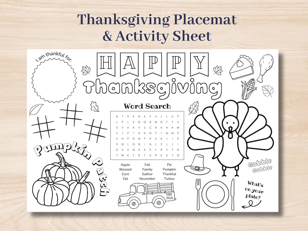 Thanksgiving Kid's Activity Placemat, Printable Activity Sheet ...
