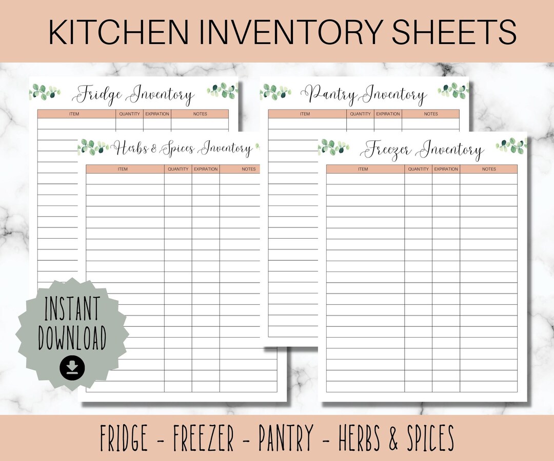 Kitchen Inventory Sheets for Freezer, Fridge, Pantry, and Herbs and ...