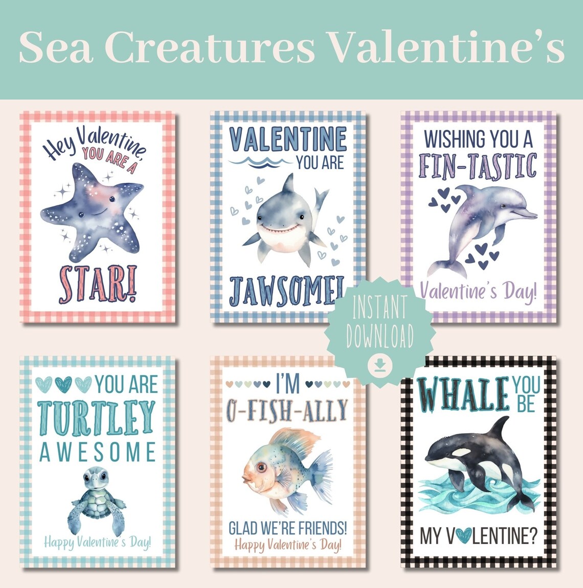 Sea Creatures Valentine's Cards, Kid's Valentine Gift Tags, Ocean ...