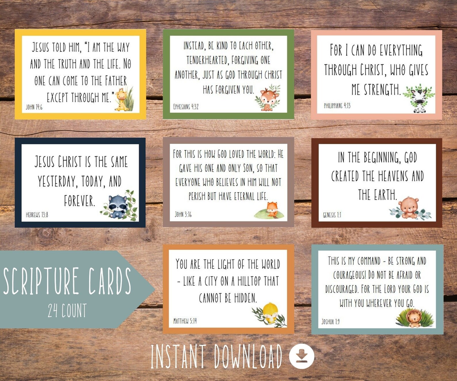 Kid's Scripture Cards, Bible Verses for Children, Watercolor Animals 24 ...