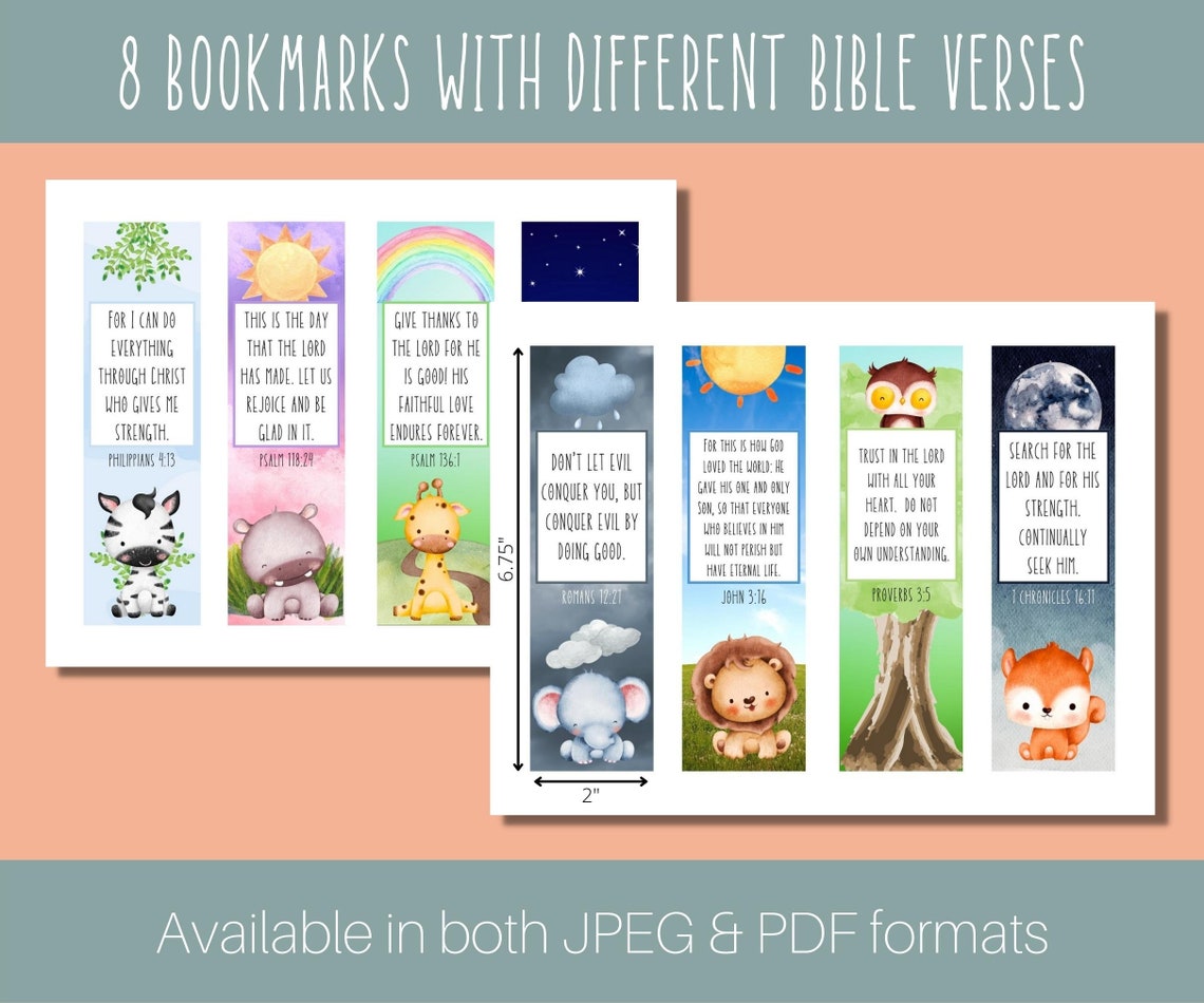Kid's Bookmarks With Bible Verses, Watercolor Animals, Printable PDF - Etsy