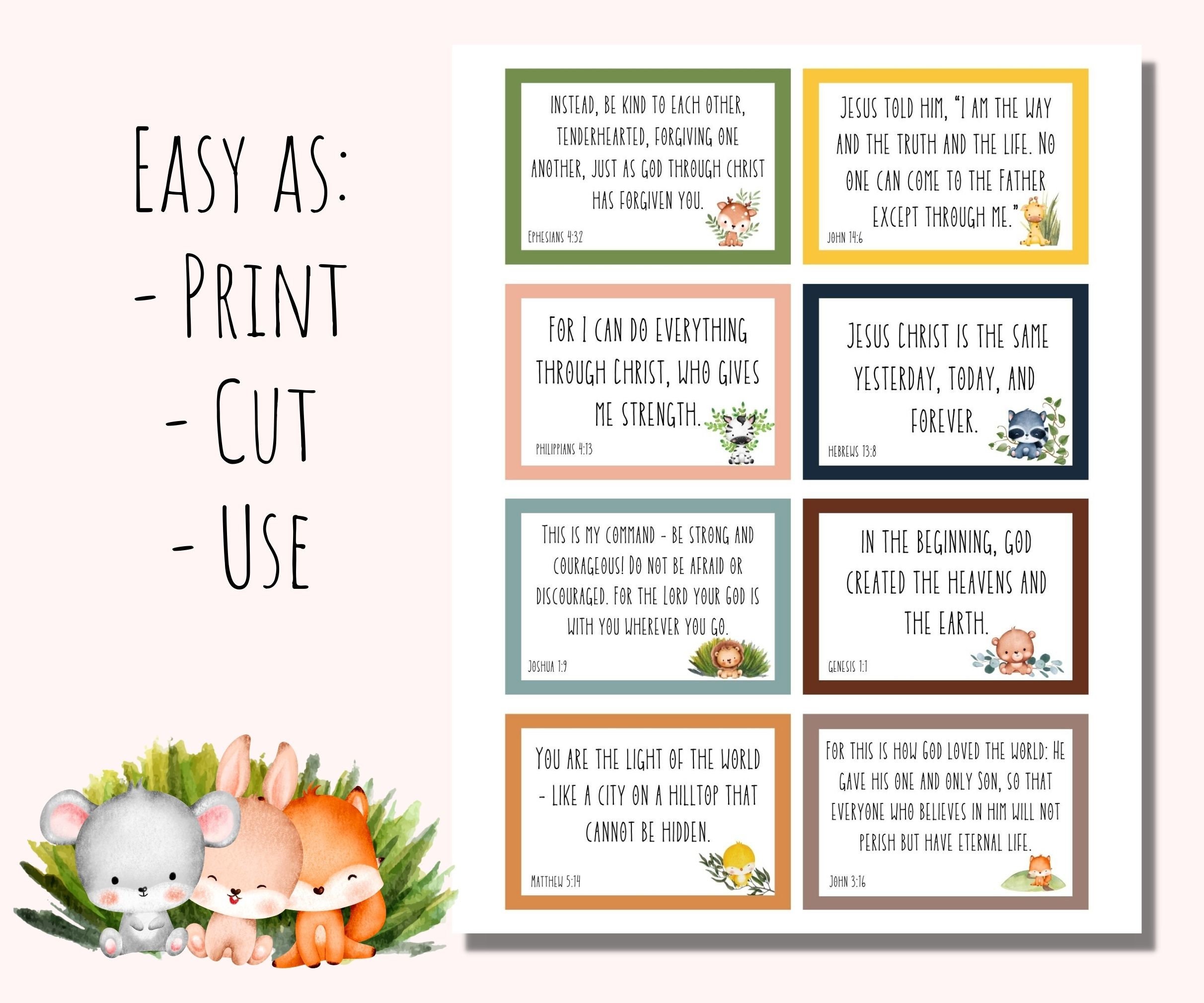 Kid's Scripture Cards, Bible Verses for Children, Watercolor Animals 24 ...
