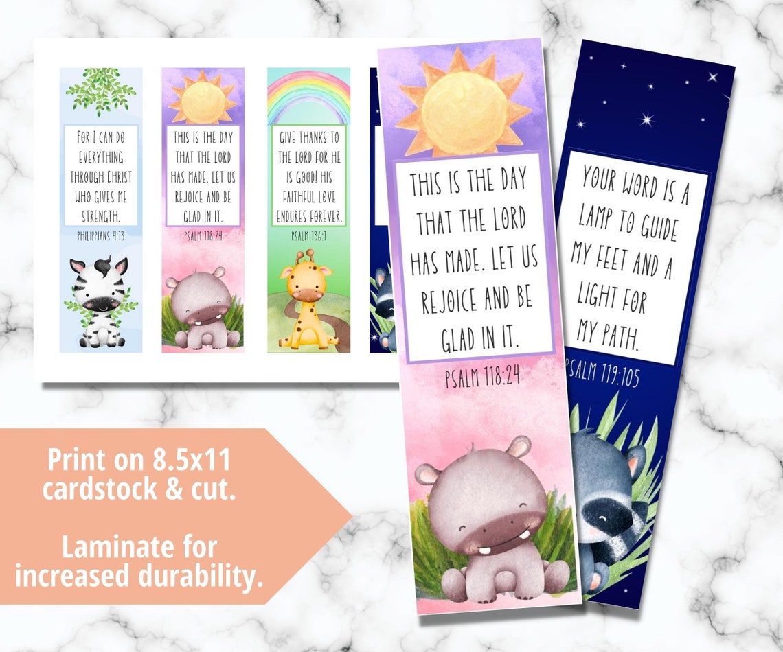 Kid's Bookmarks With Bible Verses, Watercolor Animals, Printable PDF - Etsy