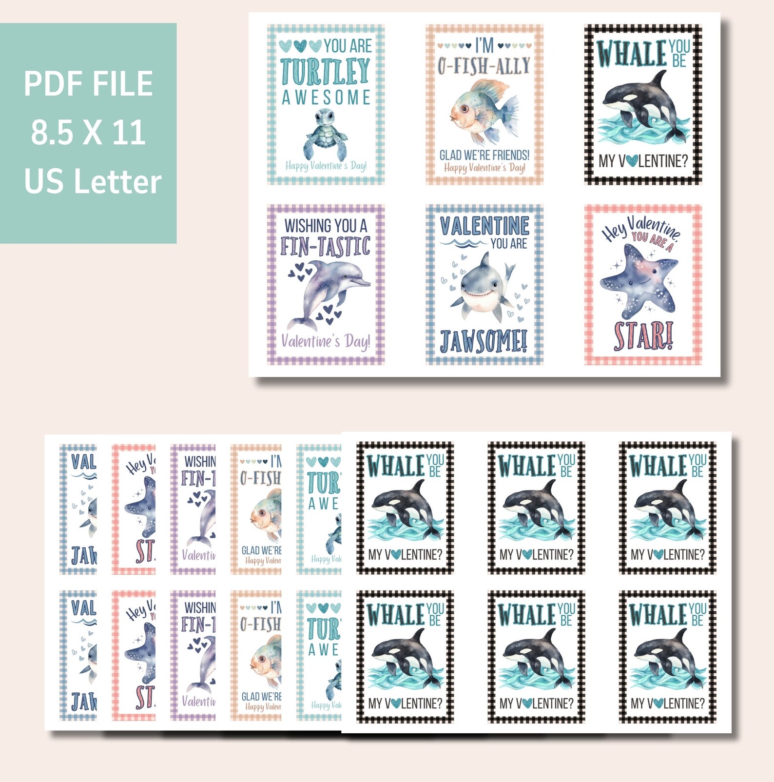 Sea Creatures Valentine's Cards, Ocean Animal Gift Tags (instant ...