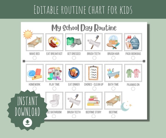 Printable School Day Routine Chart for Kids Editable PDF - Etsy