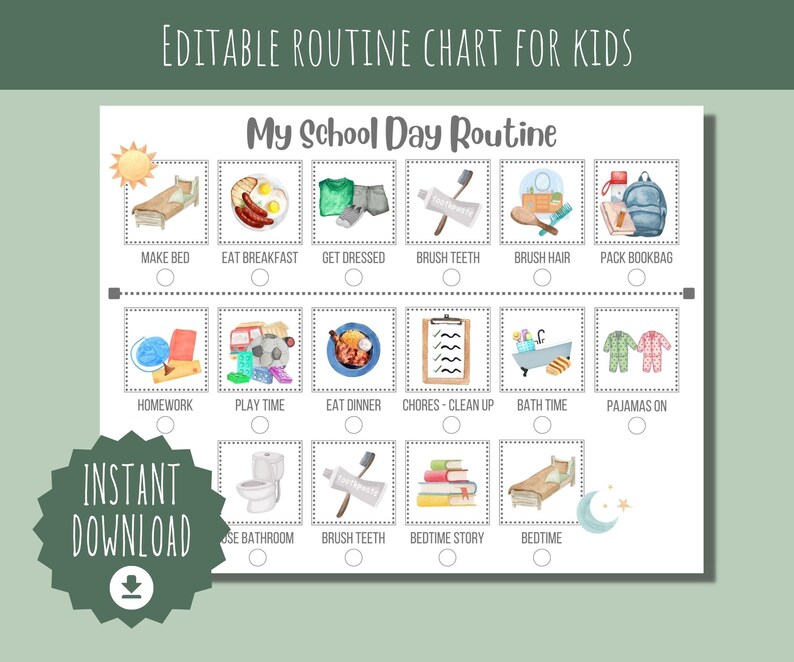 Printable School Day Routine Chart for Kids, Editable PDF Routine Chart ...