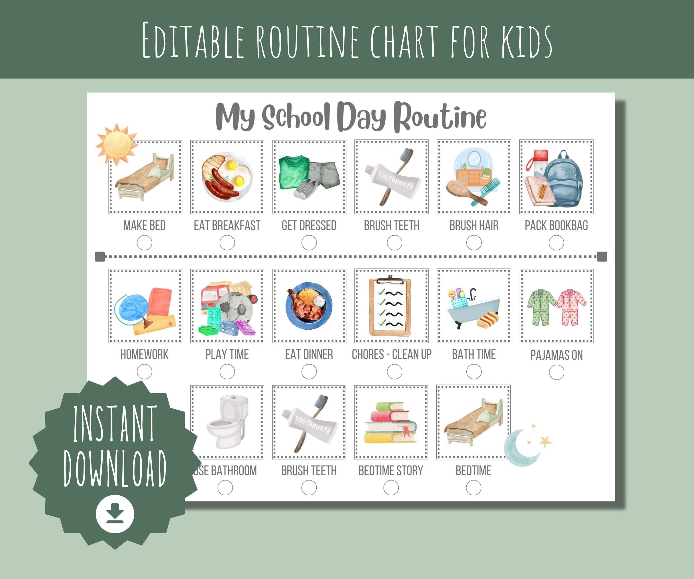Printable School Day Routine Chart for Kids, Editable PDF Routine Chart ...
