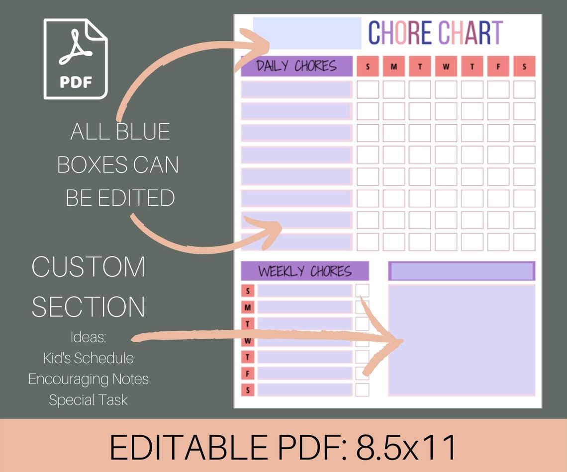 Editable Chore Chart for Kids, Weekly Responsibility Chart, Instant ...